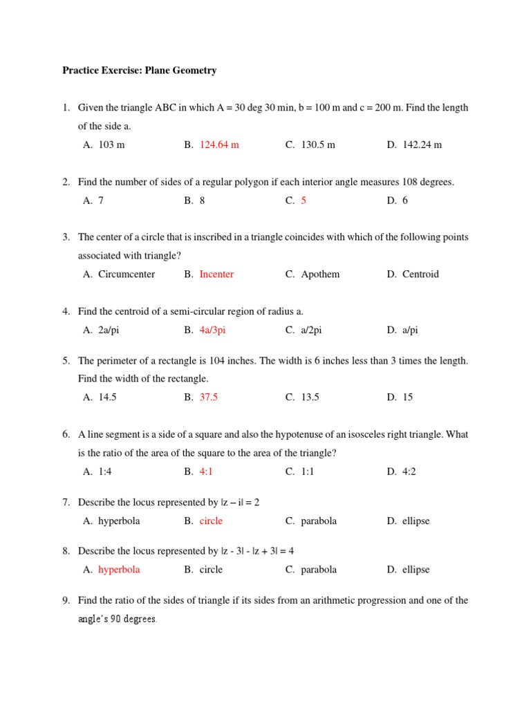 Practice Exercise - Plane Geometry | PDF | Triangle | Area