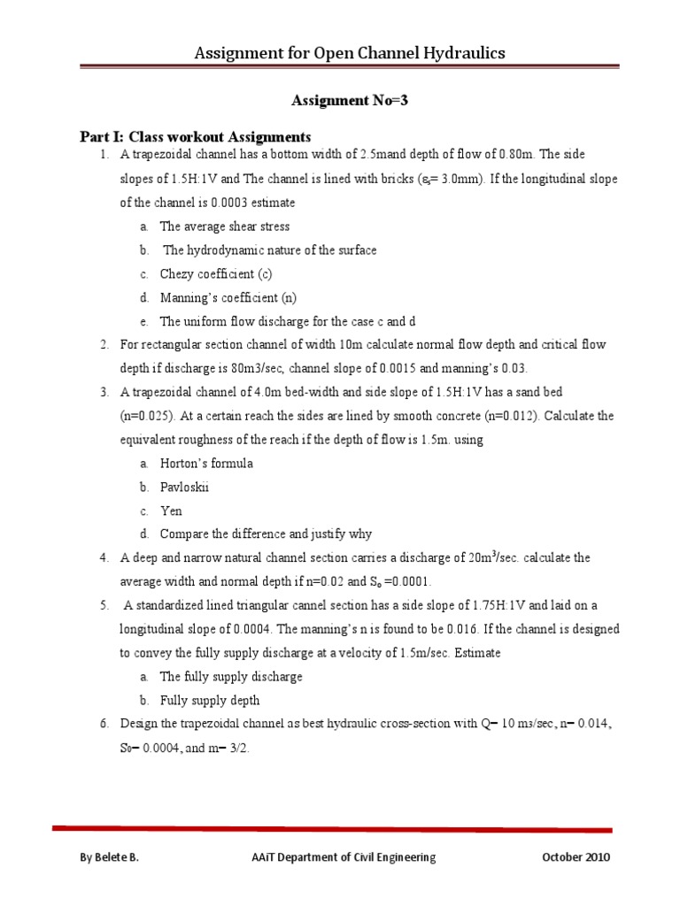 Assignment For Open Channel Hydraulics: Assignment No 3 Part I: Class Workout Assignments | PDF ...