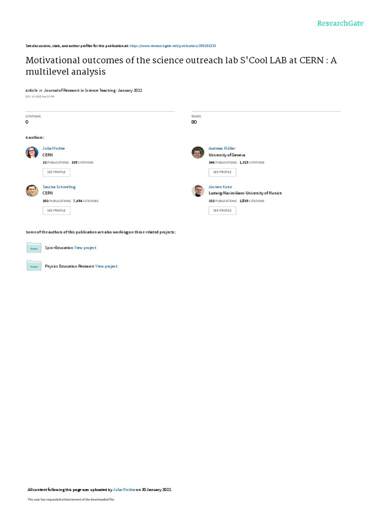 Motivational Outcomes of The Science Outreach Lab S'Cool LAB at CERN: A Multilevel Analysis ...