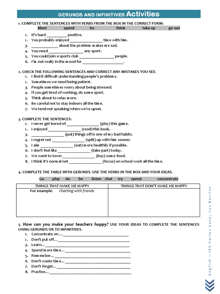 Gerunds and Infinitives Activities | PDF | Linguistics | Languages