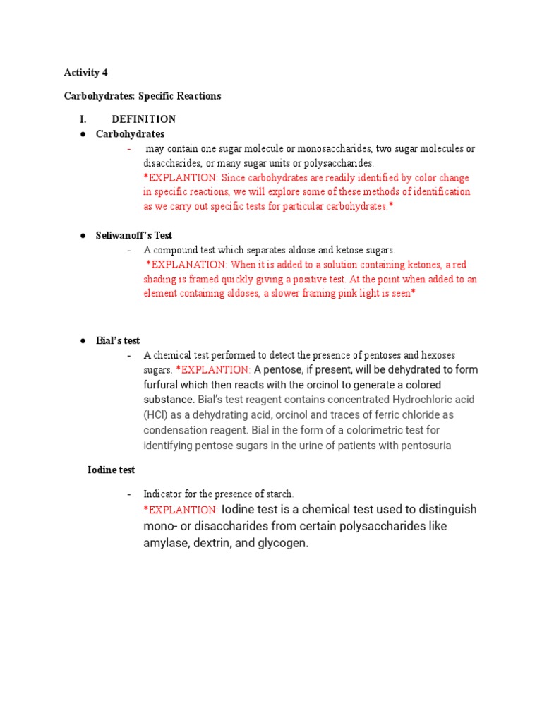 Activity 4 Carbohydrates: Specific Reactions I. Carbohydrates | PDF ...