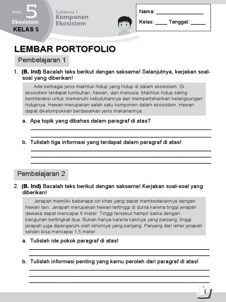 LEMBAR PORTOFOLIO BUPENA 5B Tema 5 Sub 1 | PDF | Kajian Bahasa Asing