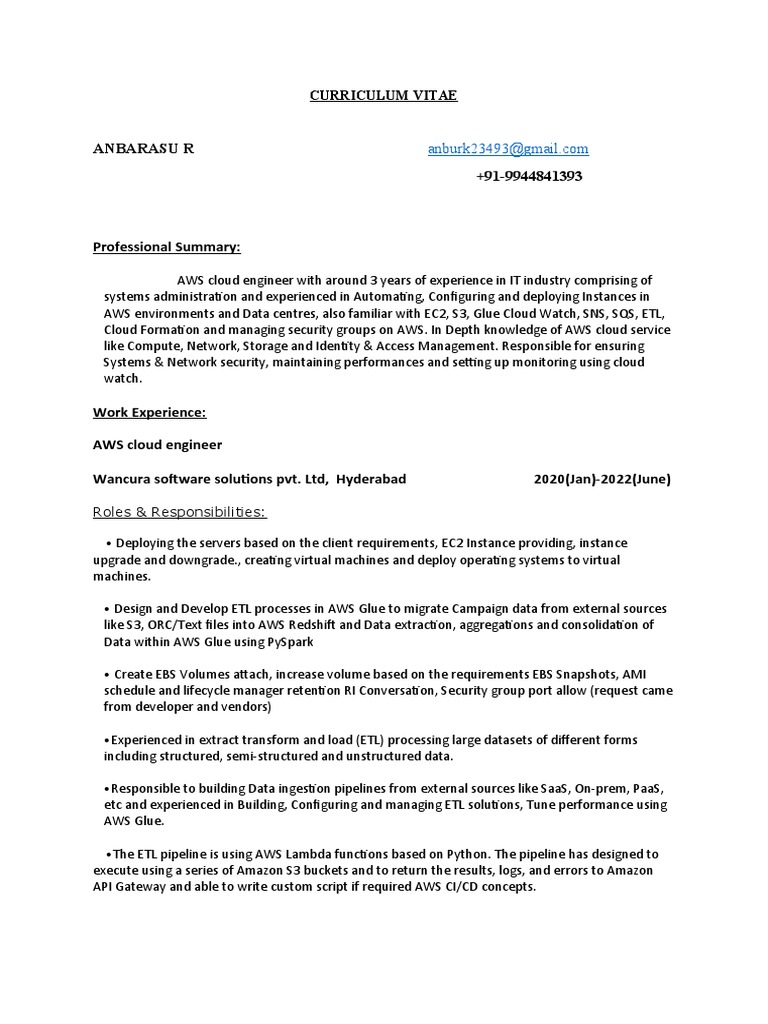 Anbarasu resume | PDF | Amazon Web Services | Cloud Computing