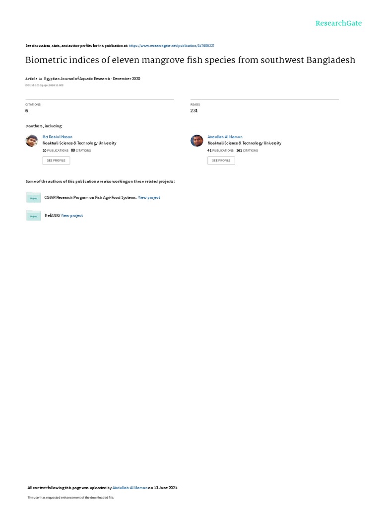 Biometric Indices of Eleven Mangrove Fish Species From Southwest ...