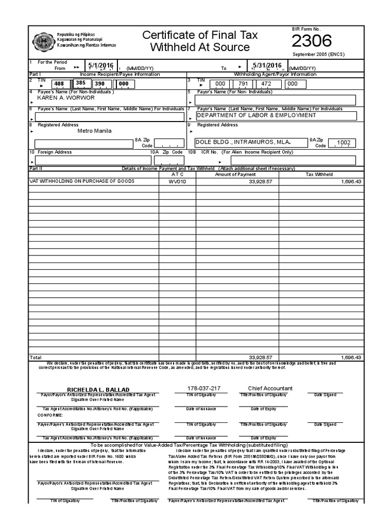 Certificate of Final Tax Withheld 2306 | PDF | Taxes | Value Added Tax