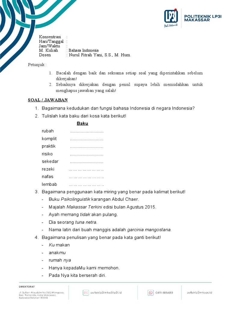 Soal Mid Semester Bhs Indonesia Ganjil 2021,2022 | PDF