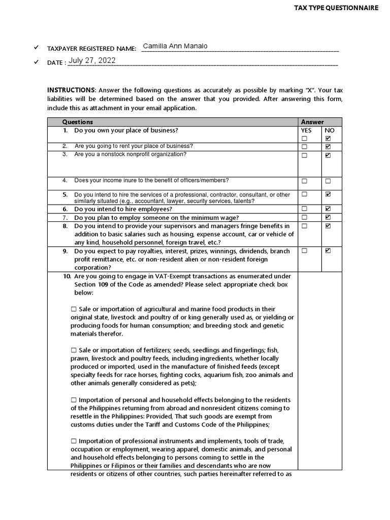 Tax Type Questionnaire for Businesses | PDF | Taxes | Value Added Tax