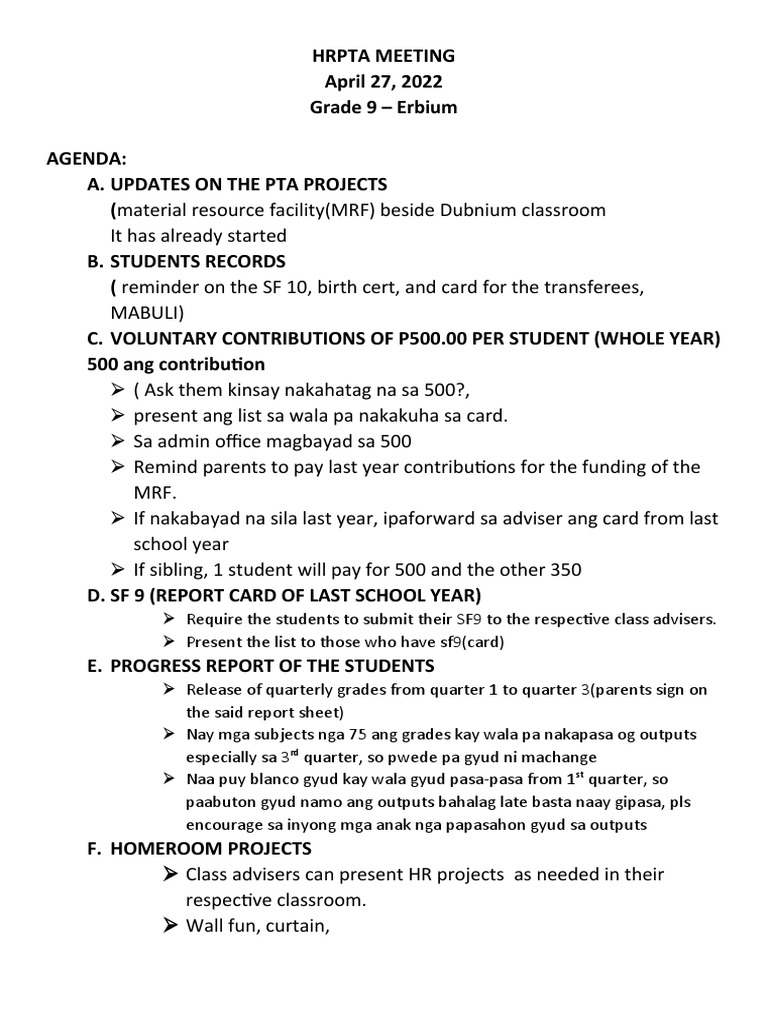 Agenda PTA Meeting | PDF