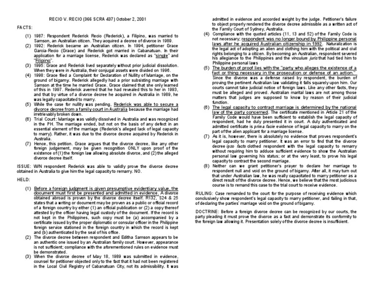 Recio v. Recio Digest | PDF | Divorce | Marriage