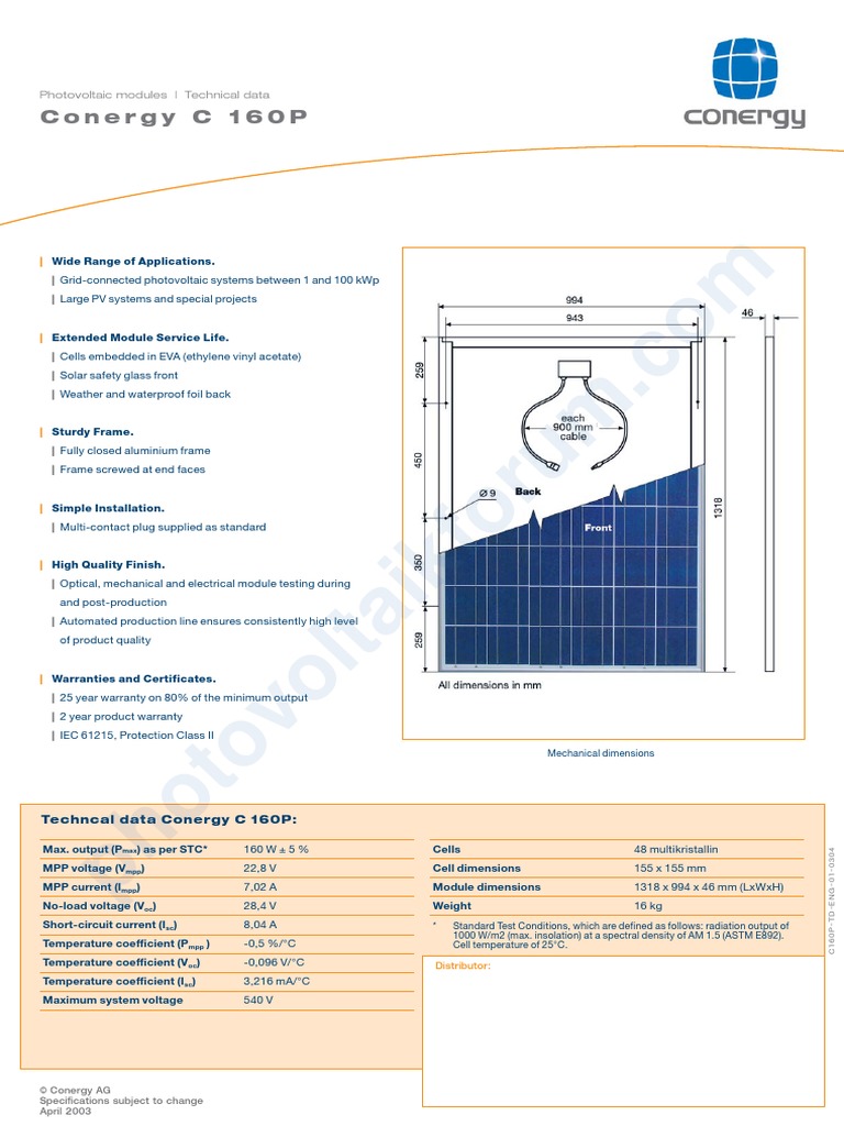 Conergy C 160P: Photovoltaic Modules - Technical Data | PDF ...