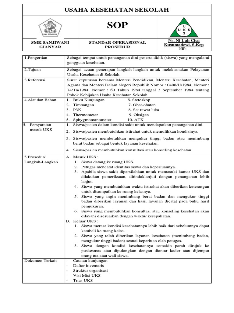 SOP Usaha Kesehatan Sekolah SMK Sanjiwani | PDF
