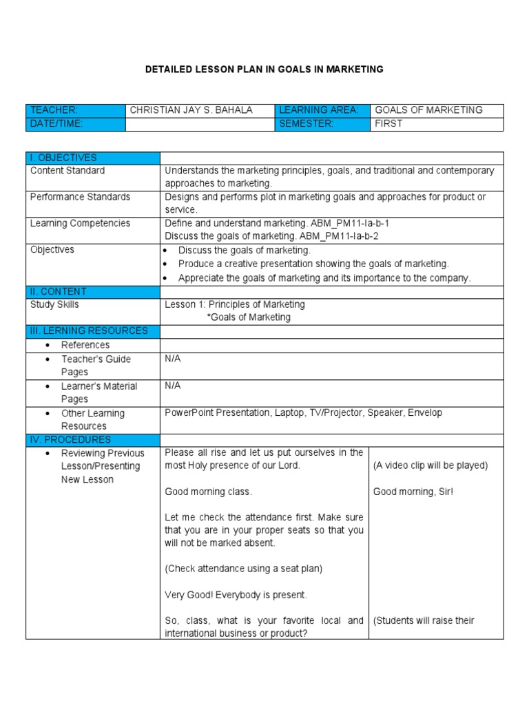 Detailed Lesson Plan in Goals in Marketing | PDF | Marketing | Brand