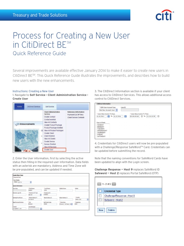 Process For Creating A New User in Citidirect Be: Quick Reference Guide | Download Free PDF ...