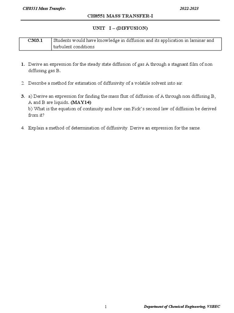 Ch8551 Mass Transfer-I Unit I - (Diffusion) C303.1: Department of Chemical Engineering, VSBEC ...