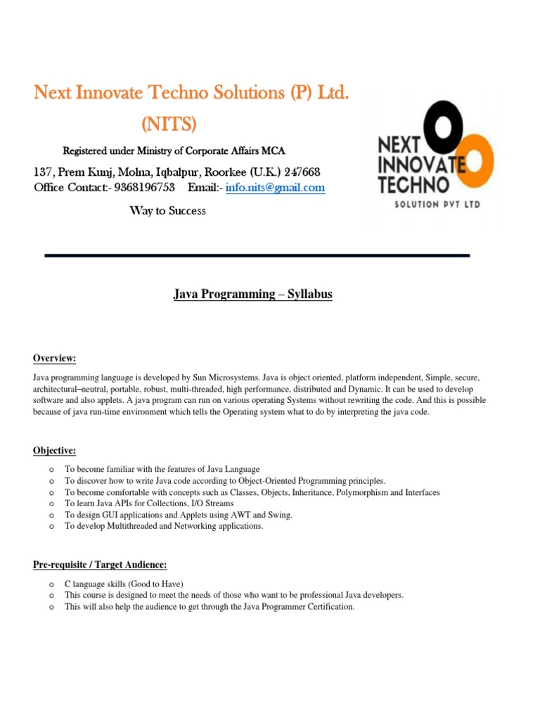 Course Content Java Programming 1 1 Pdf Java Programming 8689