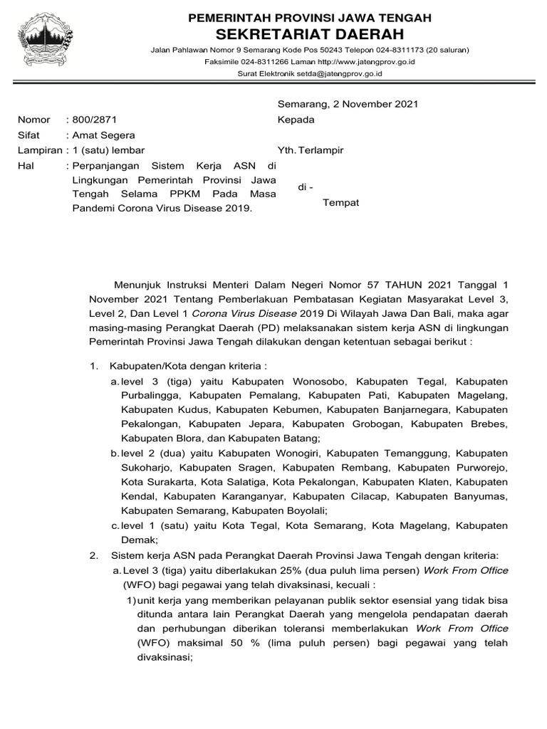 Perpanjangan Sistem Kerja ASN 2 Sampai 15 November 2021 | PDF