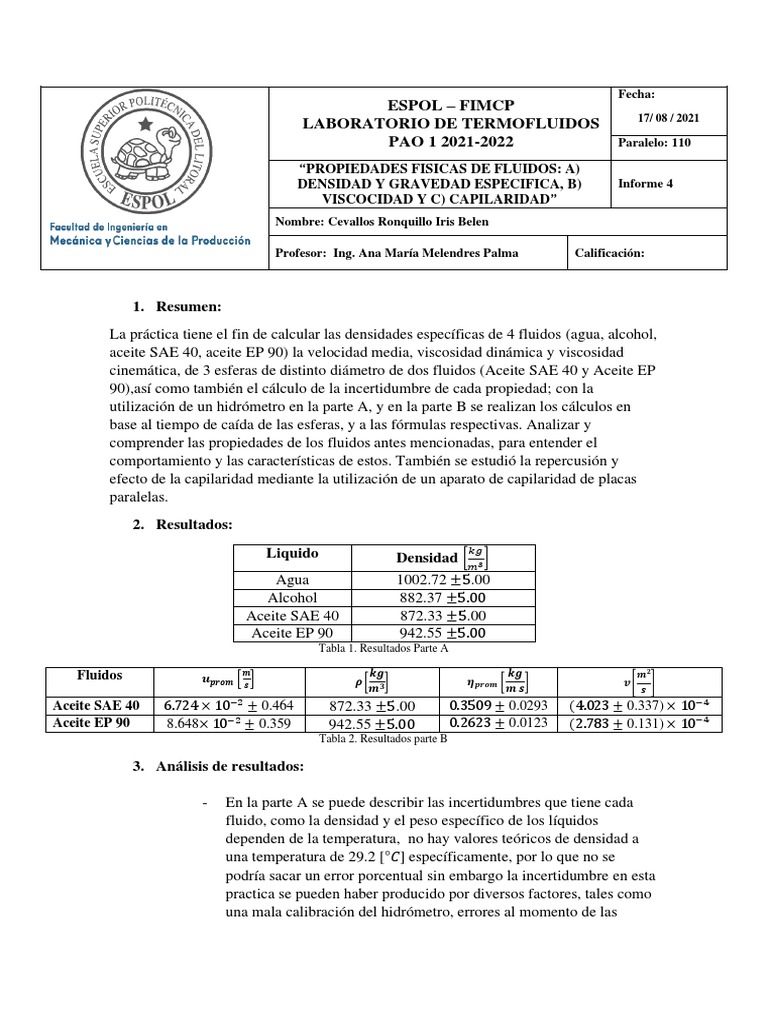 Practica 4-Termofluidos Cevallos Ronquillo | PDF | Viscosidad | Temperatura