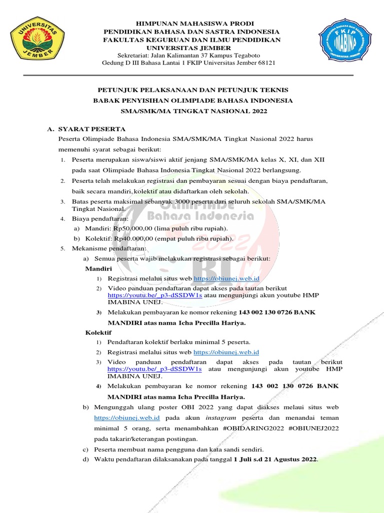 Juklak Juknis Babak Penyisihan Obi 2022 Fix | PDF