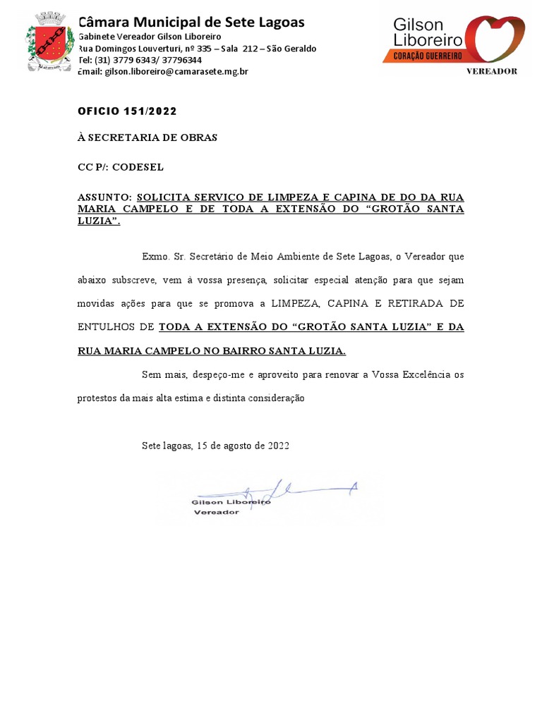 Oficio 150-2022 CODESEL SOLICITA SERVIÇO DE LIMPEZA E CAPINA DE TODO ...