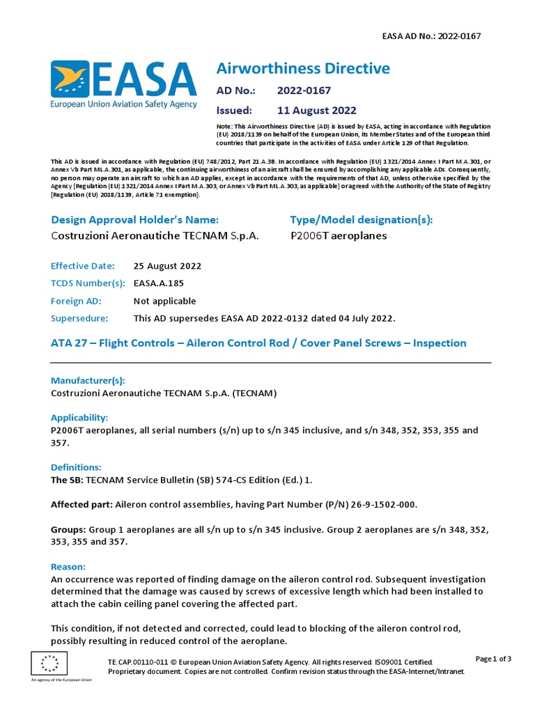 Airworthiness Directive: Design Approval Holder's Name: Type/Model ...