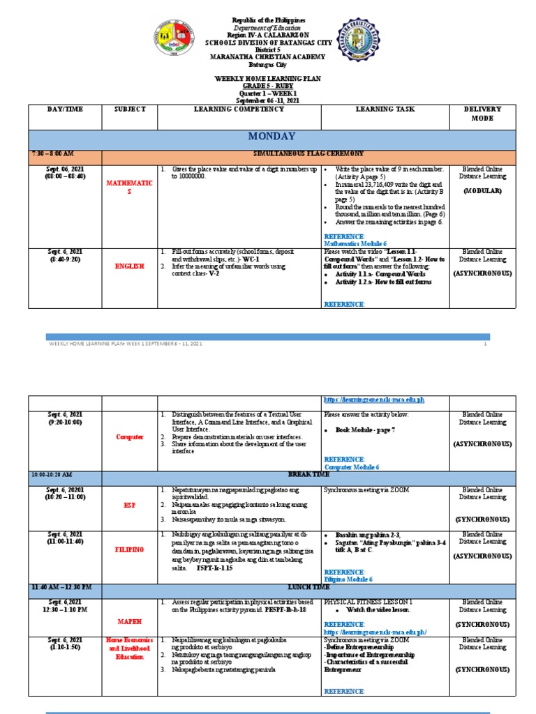 Grade 5 Weekly Learning Plan | PDF | Distance Education | User Interface