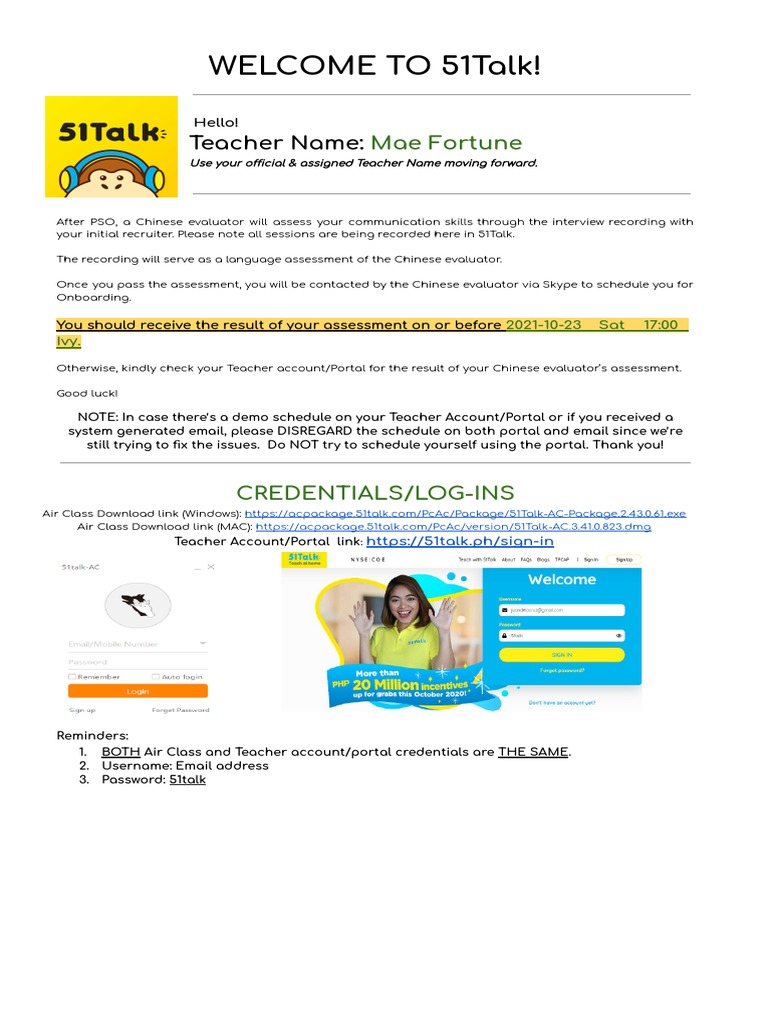 WELCOME TO 51talk!: Teacher Name | PDF | Computing | Communication