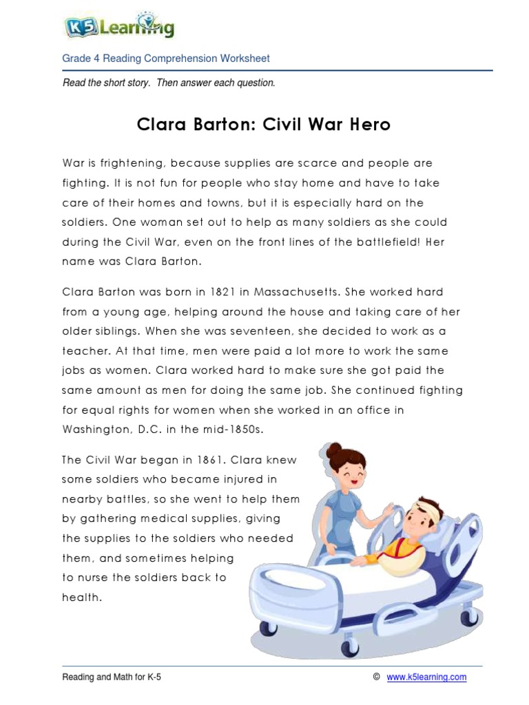 Clara Barton: Civil War Hero: Grade 4 Reading Comprehension Worksheet ...