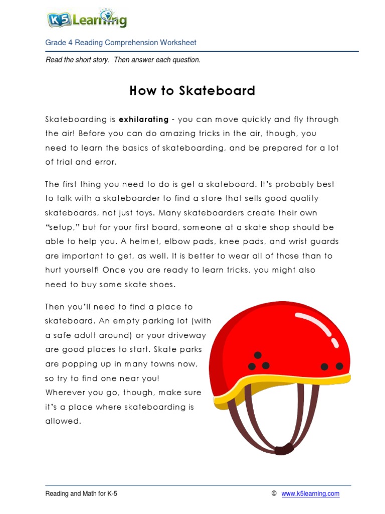 How To Skateboard: Grade 4 Reading Comprehension Worksheet | PDF ...