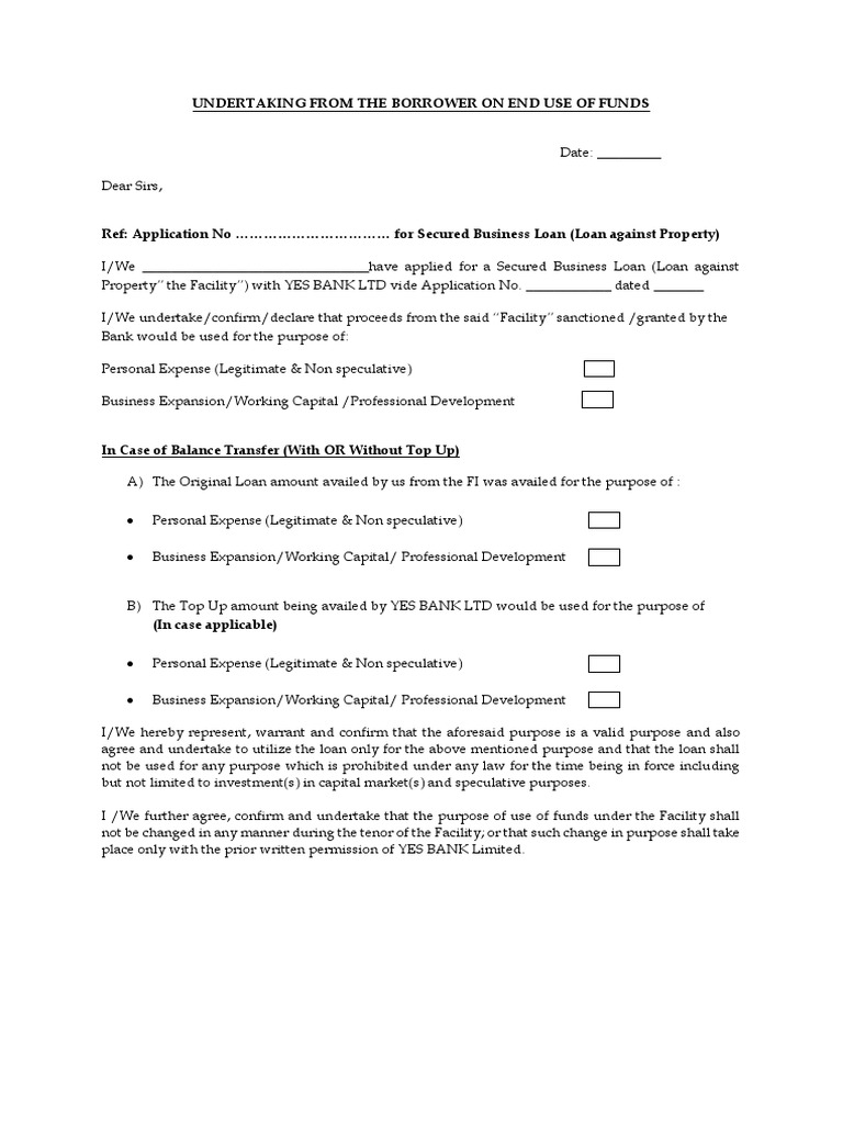 Undertaking From The Borrower On End Use of Funds | PDF | Loans | Business