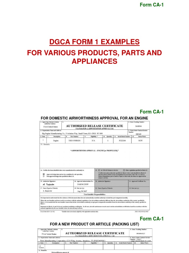 Dgca Form 1 Examples For Various Products, Parts and Appliances | PDF ...