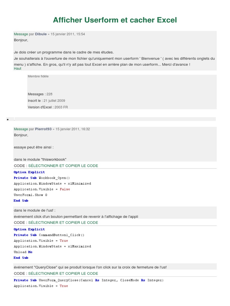 Userform VBA : Affichage et Masquage Excel | PDF | Microsoft Excel ...