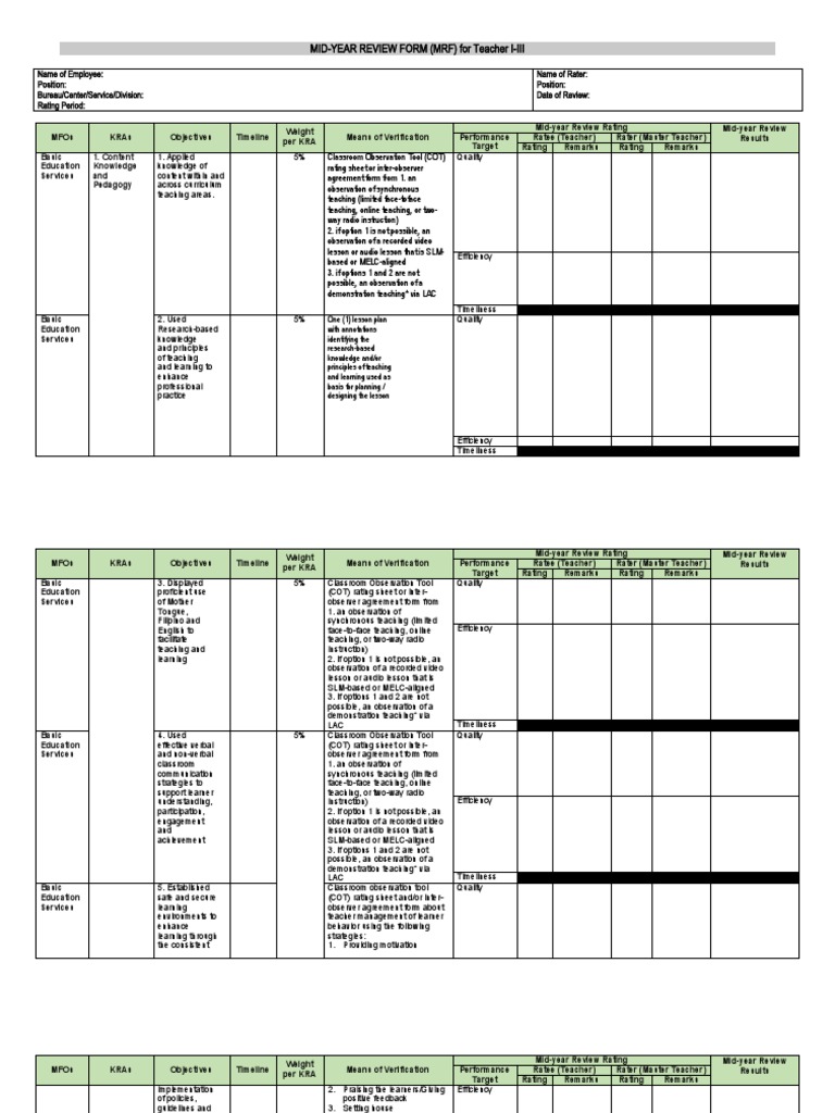 Mid-Year Review Form (MRF) For Teacher I-Iii | PDF