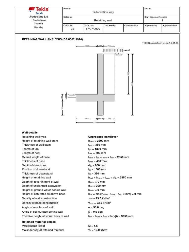 Retaining Wall Analysis (Bs 8002:1994) : Project Job No | PDF ...