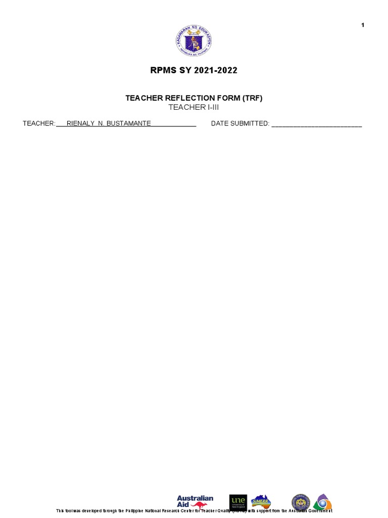 Teacher Reflection Form for RPMS 2021-2022 | PDF | Intellectual ...