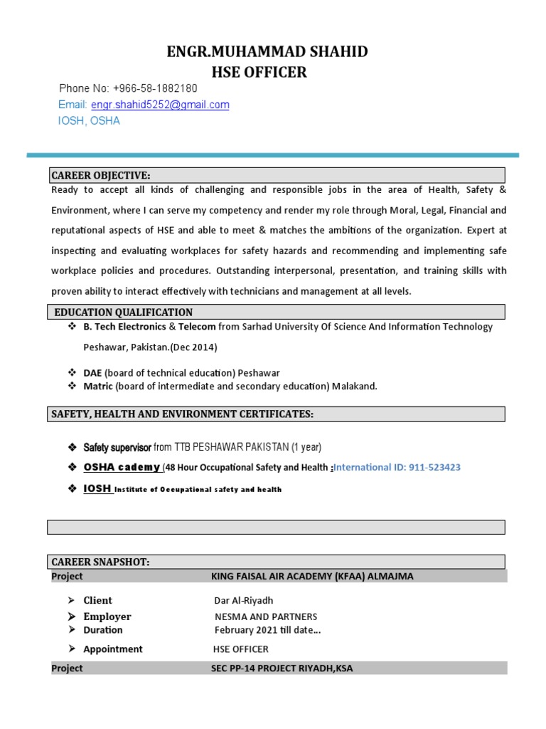 Shahid HSE. CV | PDF | Occupational Safety And Health | Consultant
