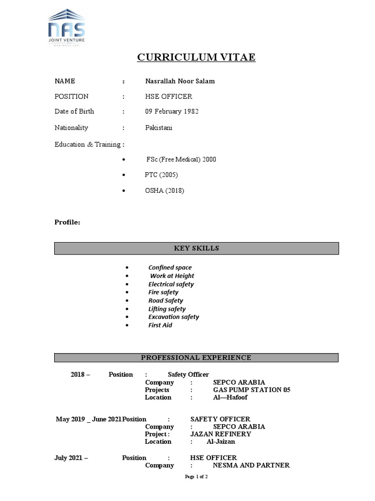 HSE Officer-Sample CV | PDF