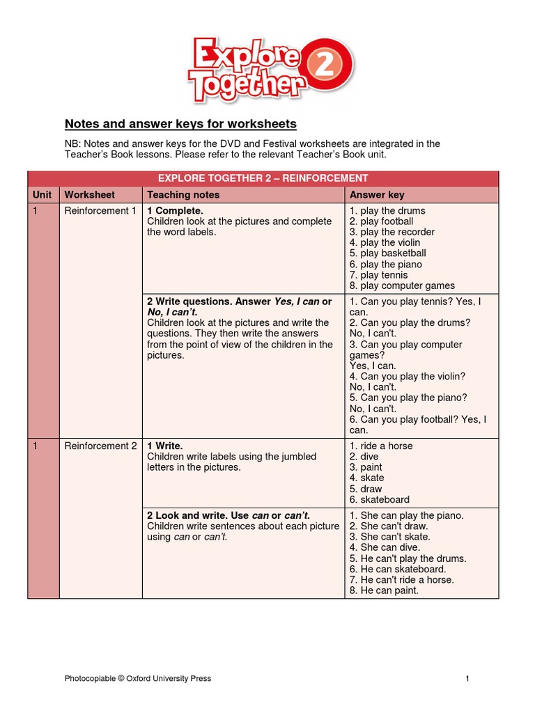 Notes and Answer Keys For Worksheets: Explore Together 2 ...