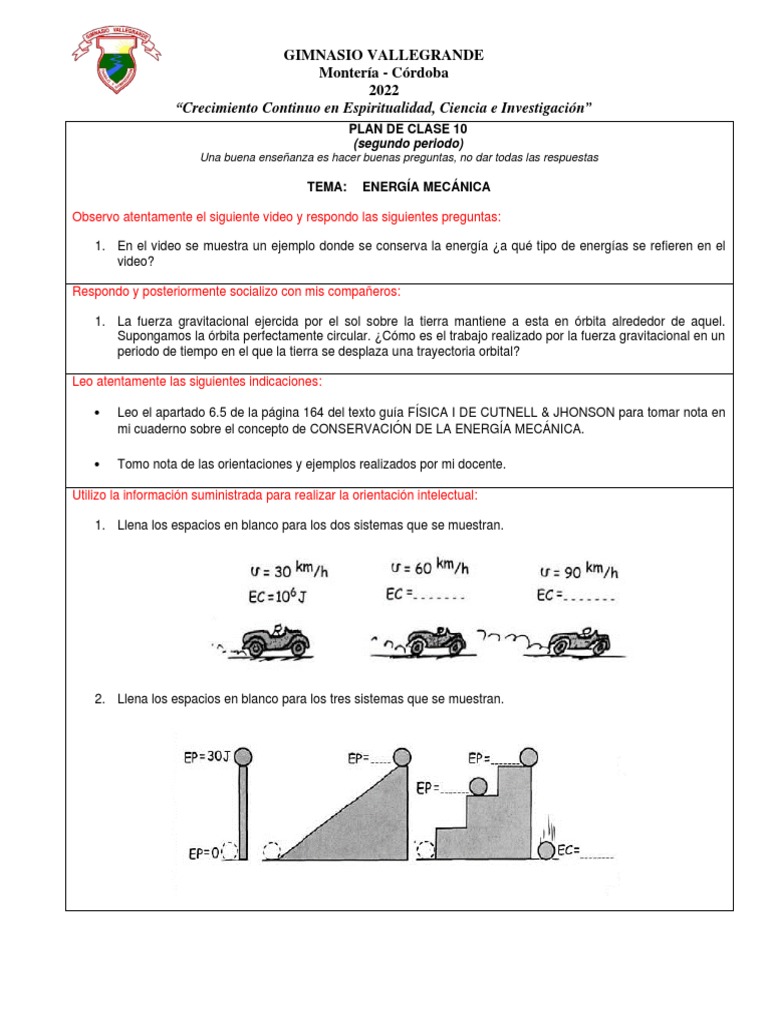 10 Plan de Clase 10â° (Fisica - P2) 2 | PDF | Energía potencial | Gravedad