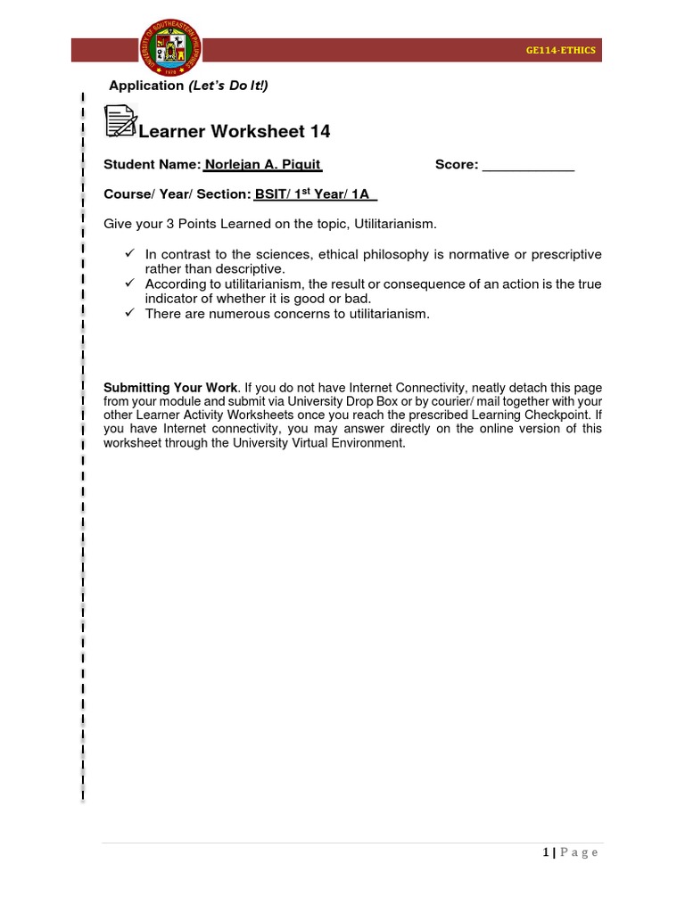 Learner Worksheet 14: Application | PDF