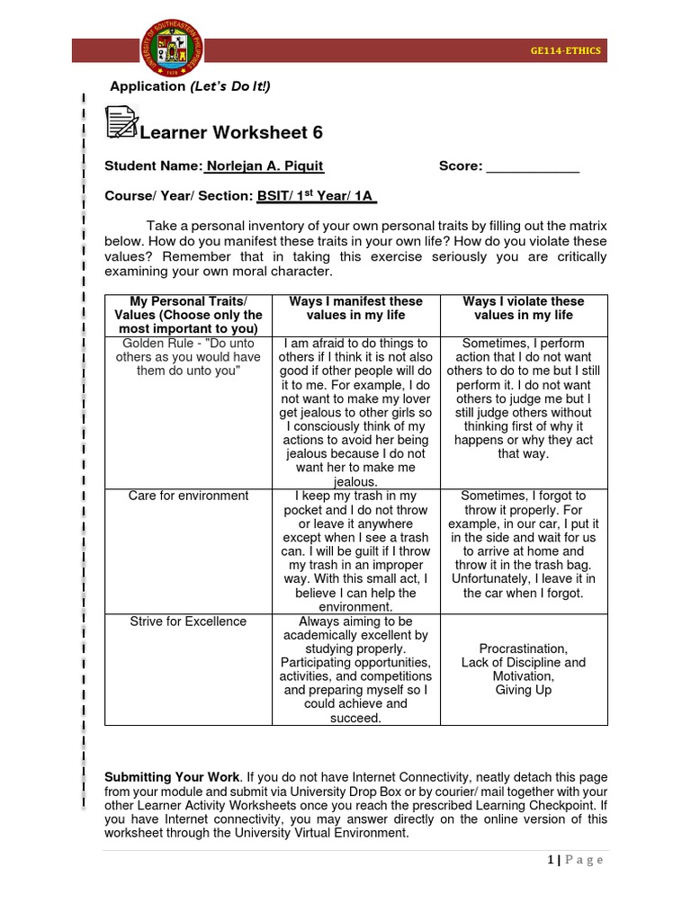 Learner Worksheet 6: Application | PDF | Disciplines | Behavior ...