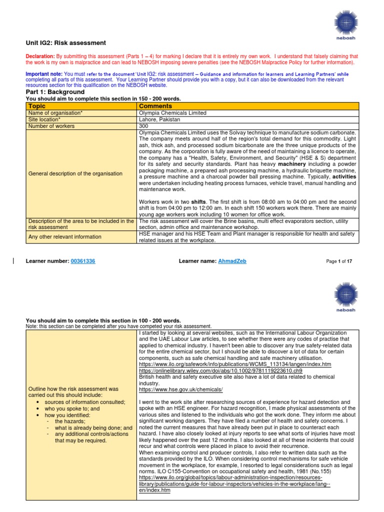 Unit IG2: Risk Assessment: You Should Aim To Complete This Section in 150 - 200 Words | PDF ...