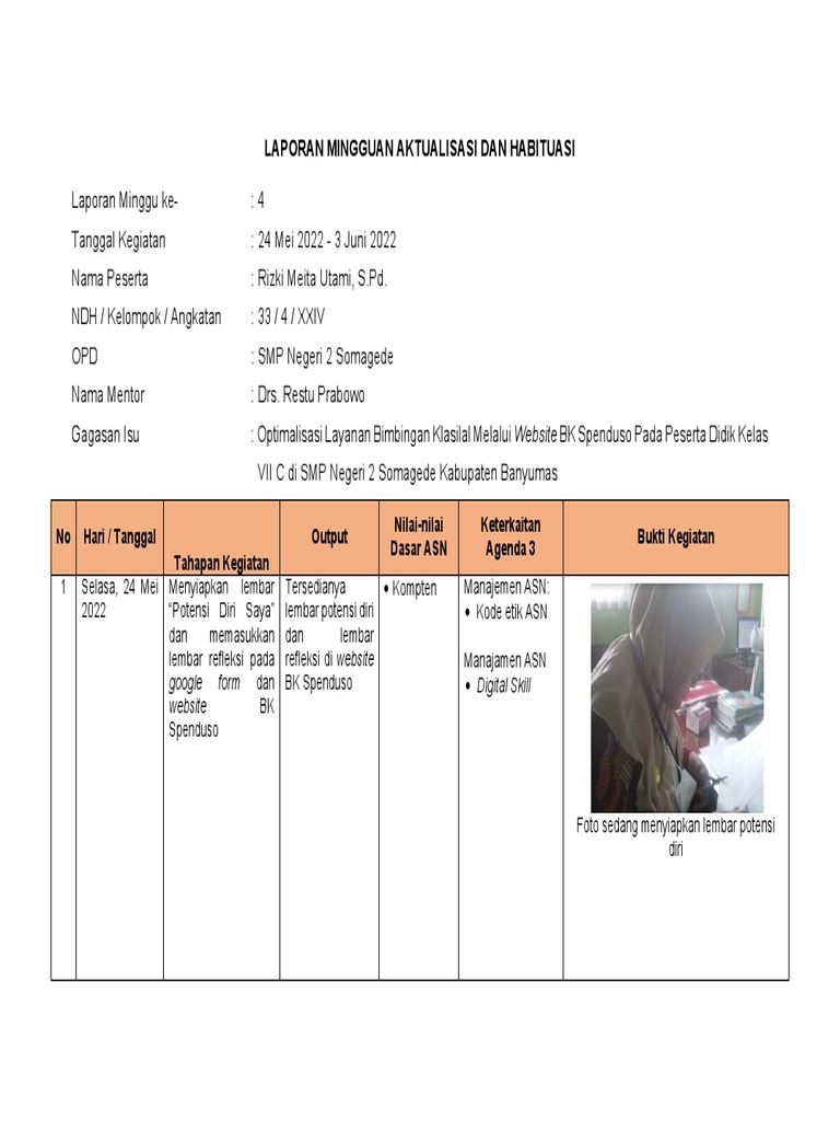 Laporan Minggu Ke-4 Pelaksanaan Aktualisasi Dan Habituasi | PDF