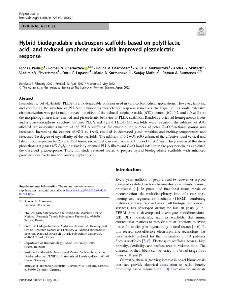 Hybrid Biodegradable Electrospun Scaffolds Based On Poly (L-Lactic Acid) and Reduced Graphene ...