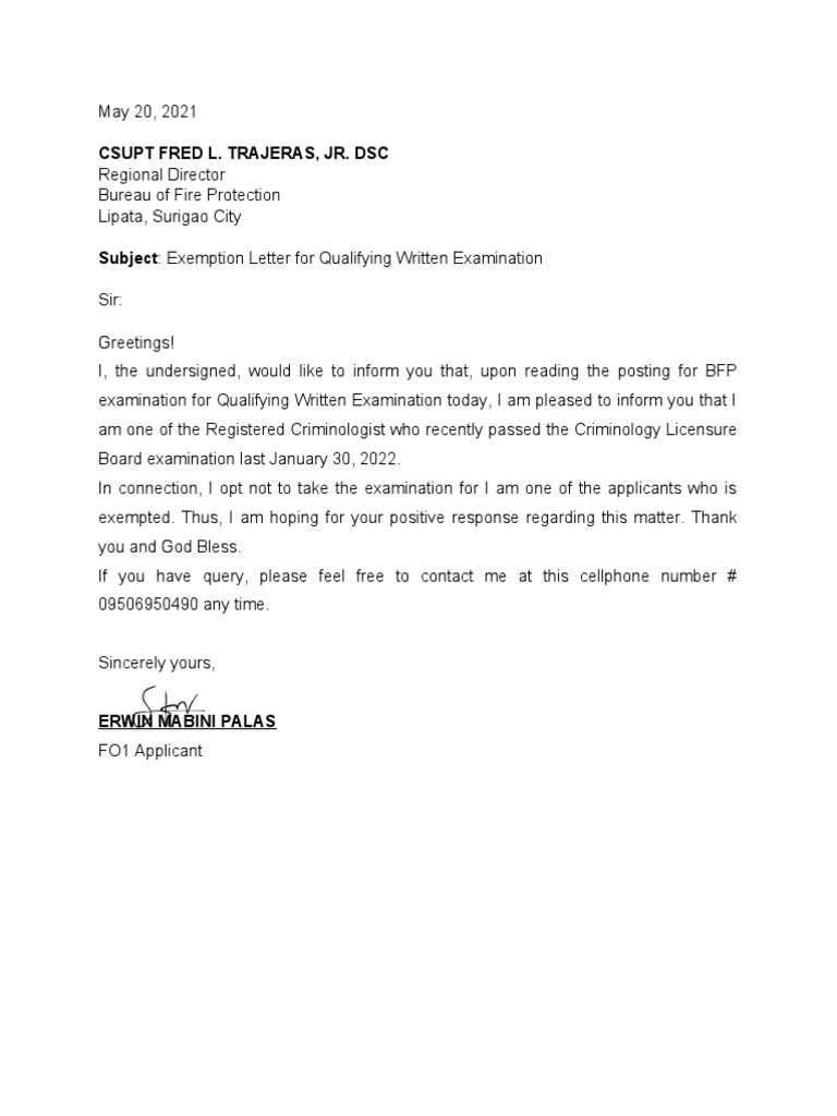 BFP - Letter For Qwe Exemption | PDF