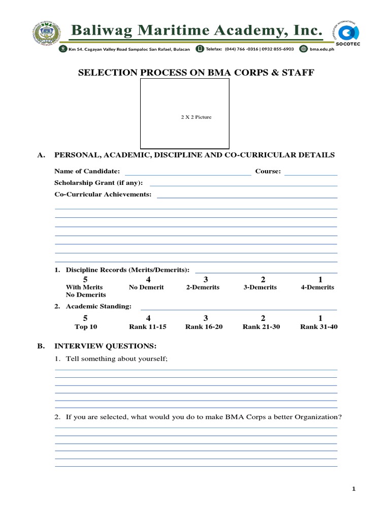 Selection Process On Bma Corps & Staff: A. Personal, Academic ...