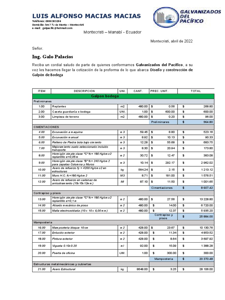 Presupuesto Obra Civil, Metalmecanica | PDF | Ingeniería | Elementos ...