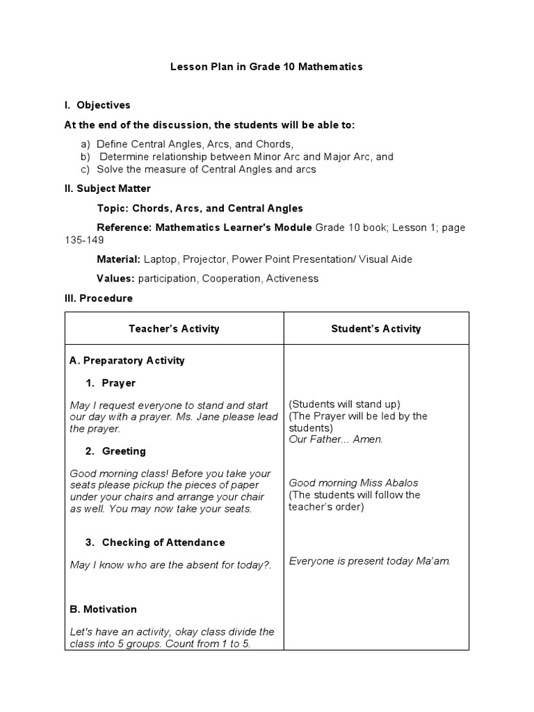 Lesson Plan in Grade 10 Mathematics | PDF | Circle | Angle