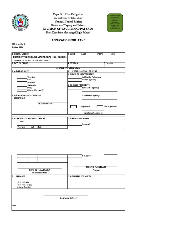 Application For Leave: Division of Taguig and Pateros | Download Free ...