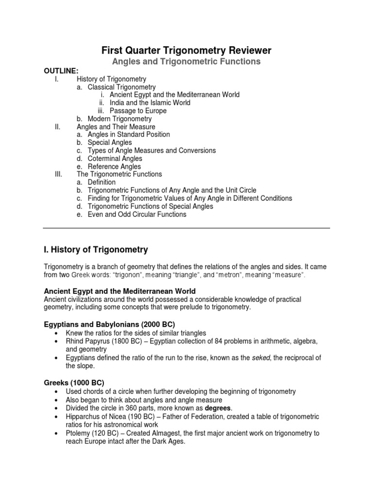 Exploring the Foundations of Trigonometry: Angles, Trigonometric ...