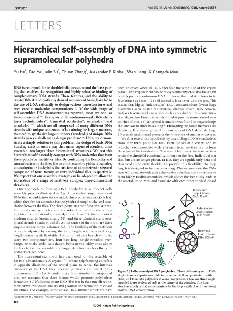 He, Y. Et Al. Hierarchical Self-Assembly of DNA Into Symmetric Supramolecular Polyhedra. Nature ...